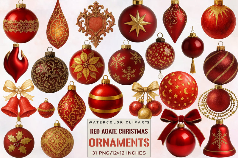 Red Gold Christmas Ornaments Clipart Bundle. - So Fontsy