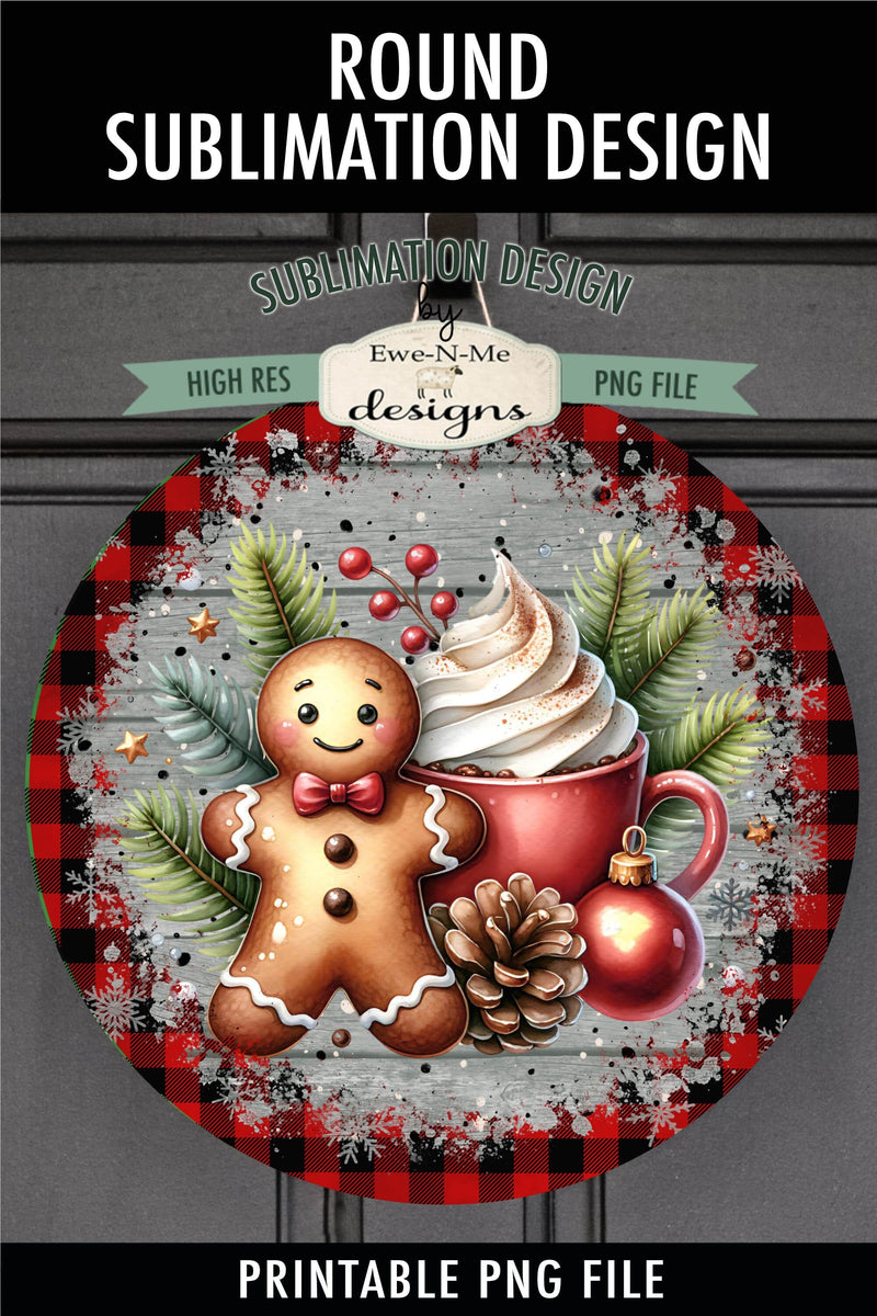 Red Plaid Gingerbread with Cocoa | Round Sublimation PNG - So Fontsy