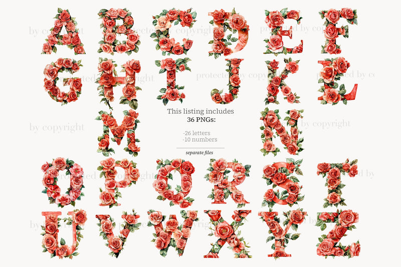Red Roses Alphabet | Printable Flowers Letters Botanical - So Fontsy