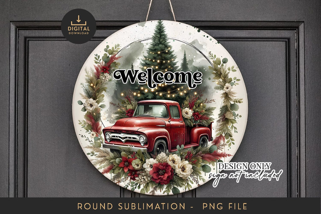Red Truck Christmas Sublimation PNG - Round Welcome Sign - So Fontsy