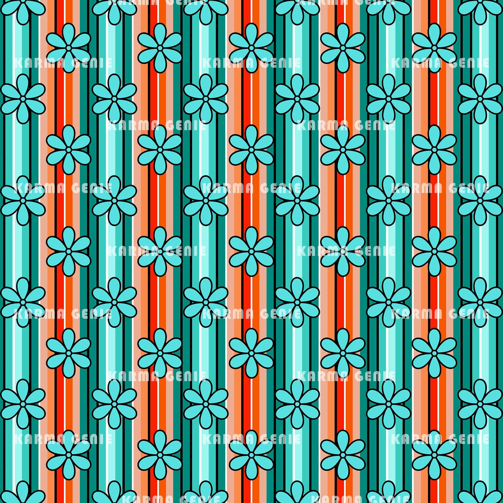 Retro Mid Century Blue And Orange Stripes And Flowers Pattern Digital ...