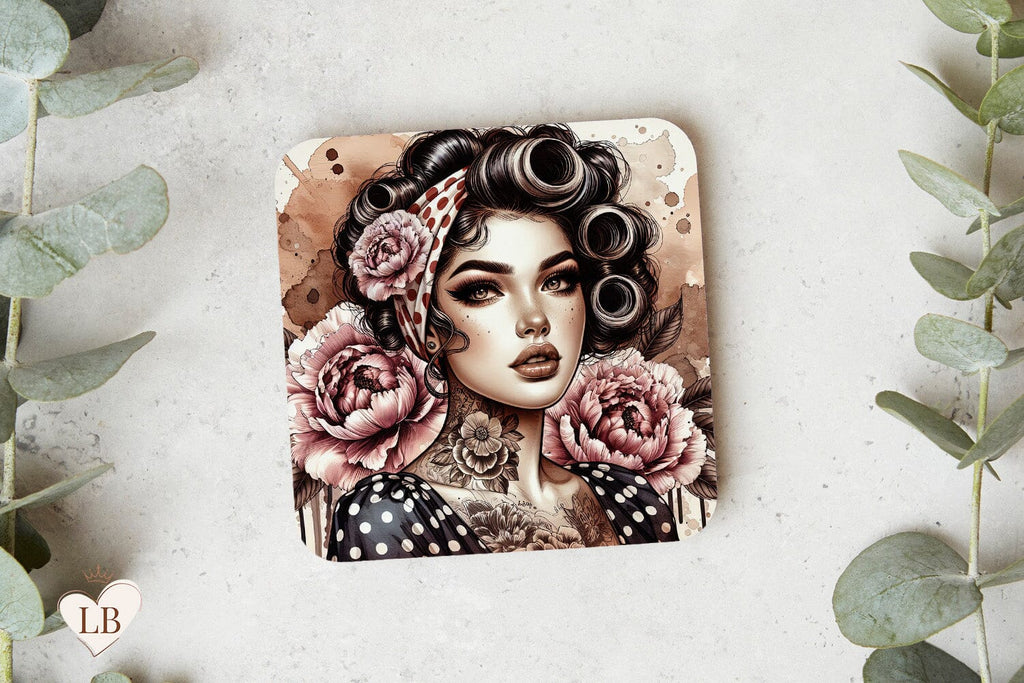 Retro Tattoo Woman Coaster, Pin-Up Square Coaster Design - So Fontsy