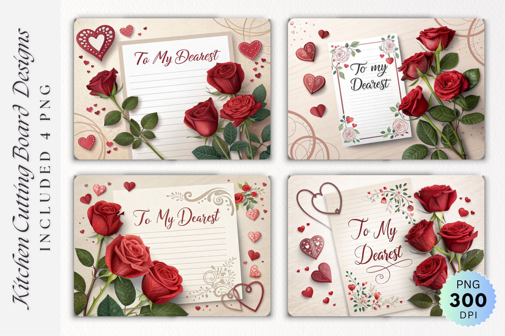 Romantic Handwritten Note with Red Roses and Hearts Cutting Board - So ...