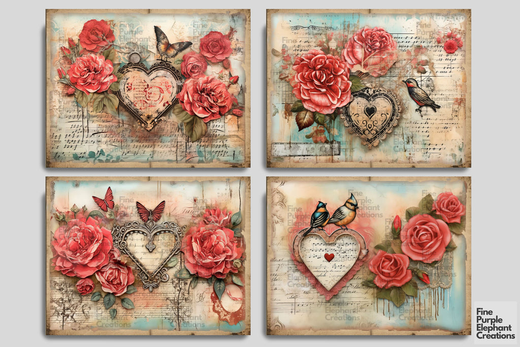 Romantic Valentine Birds Digital Junk Journal Double Pages - So Fontsy