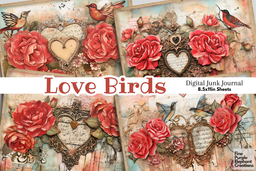 Romantic Valentine Birds Digital Junk Journal Double Pages - So Fontsy