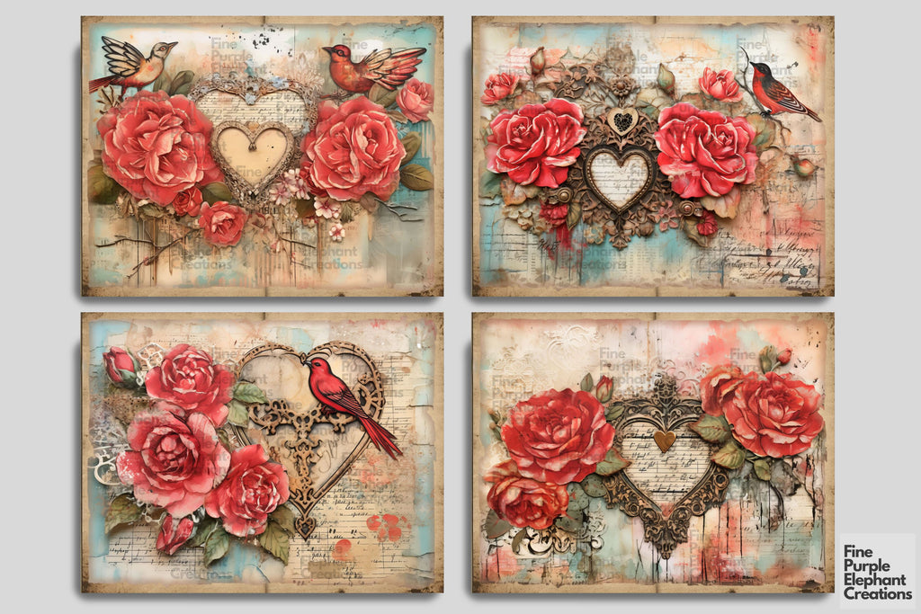 Romantic Valentine Birds Digital Junk Journal Double Pages - So Fontsy