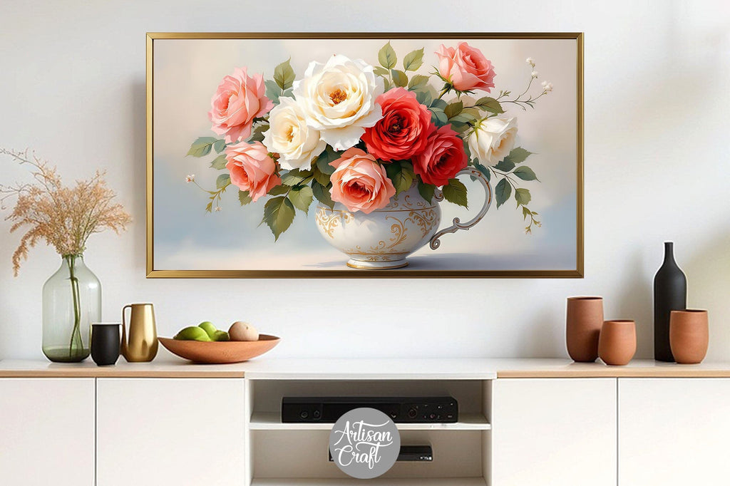 Rose frame TV art, rose painting with gold frame | So Fontsy