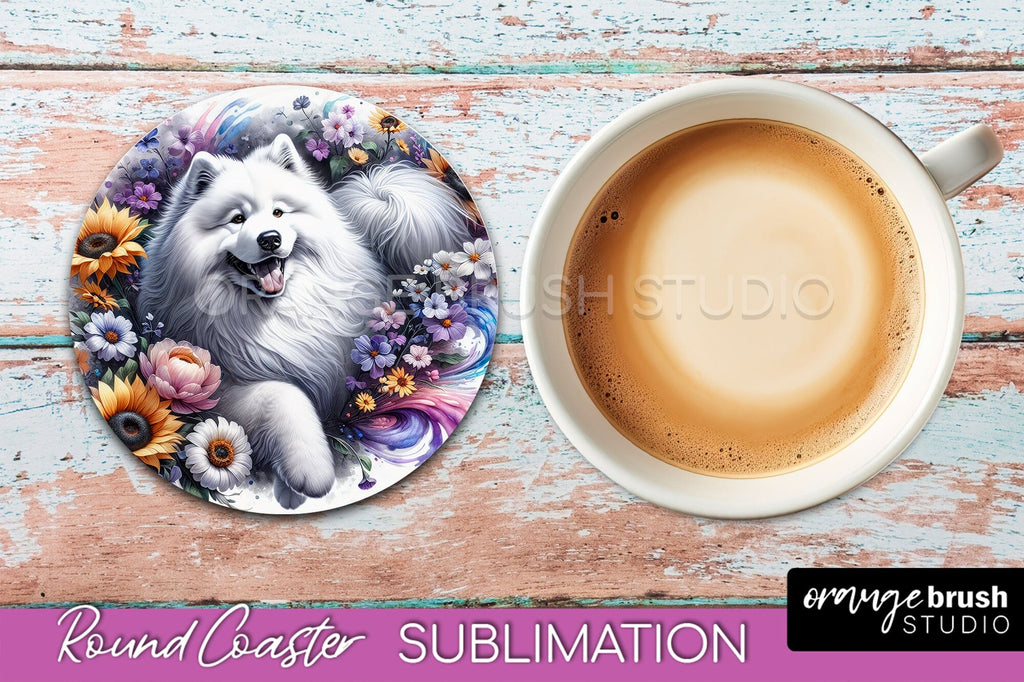 Samoyed Round Coaster - Dog Mom Floral Coaster Sublimation - So Fontsy