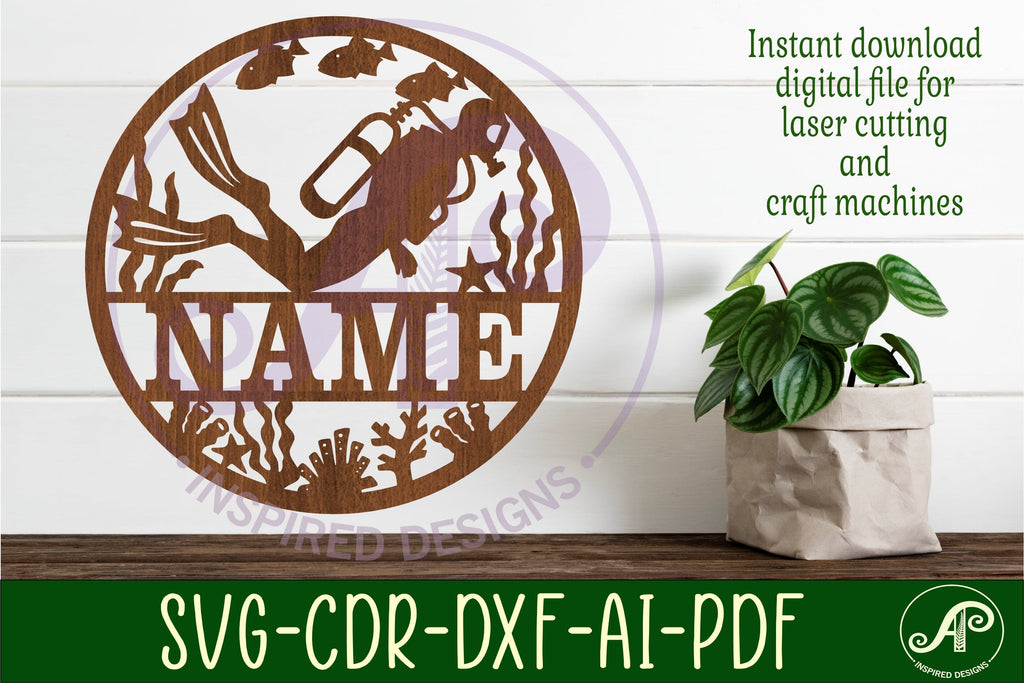 Scuba diver name sign design 2 svg laser cut template - So Fontsy