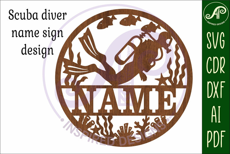Scuba diver name sign design 2 svg laser cut template - So Fontsy