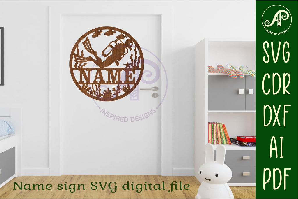Scuba diver name sign design 2 svg laser cut template - So Fontsy