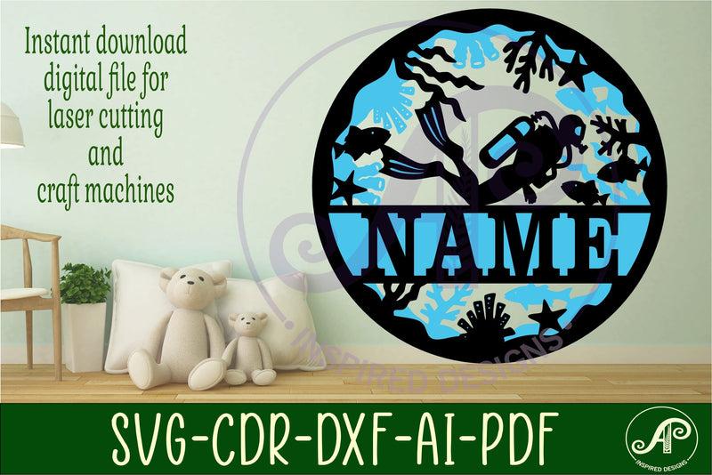 Scuba diver two layer name sign svg laser cut template - So Fontsy