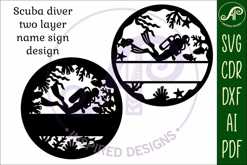 Scuba diver two layer name sign svg laser cut template - So Fontsy