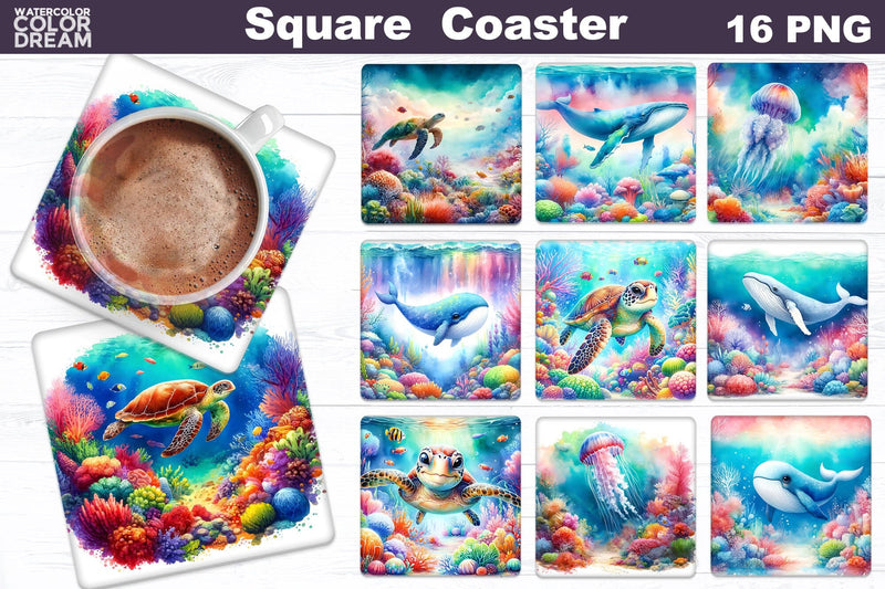 Sea Animals Square Coaster | Watercolor Ocean Square Coaster - So Fontsy