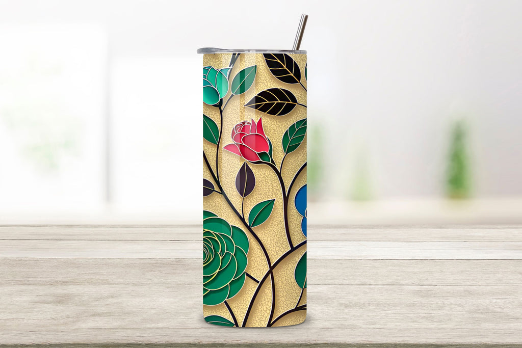 Seamless Glass Rose Tumbler Wrap, Jewel-Toned Roses with Lead Lines ...