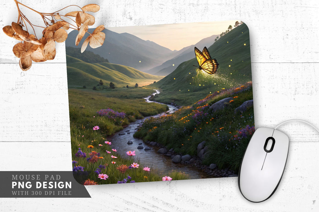 Serene Hillside with Glowing Butterfly Mouse Pad PNG Design - So Fontsy