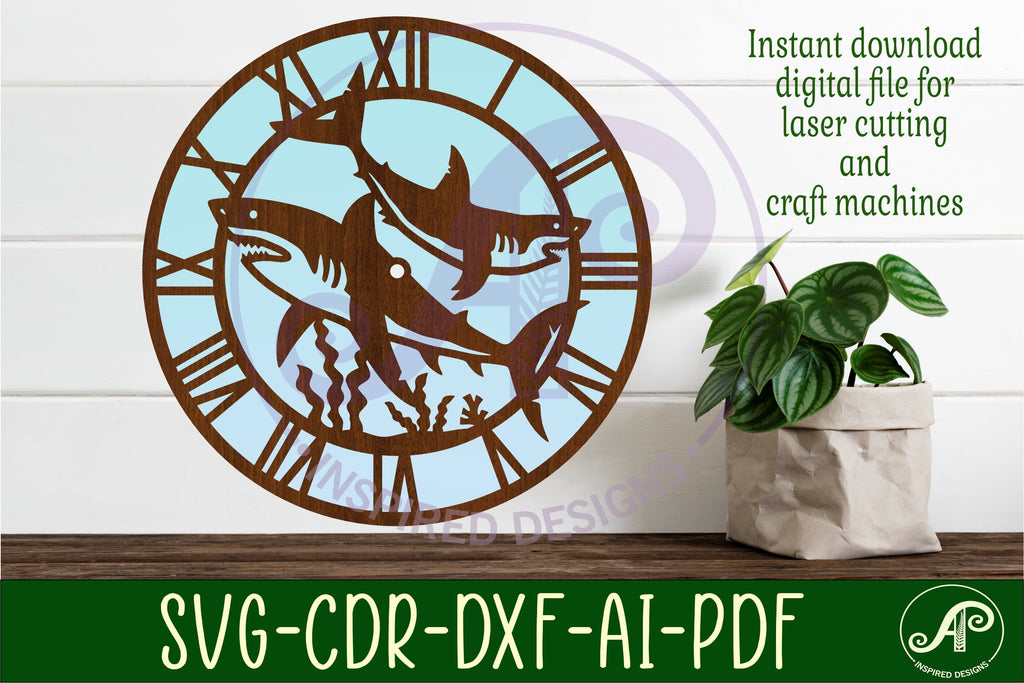 Sharks clock wall clock laser cut files, SVG - So Fontsy