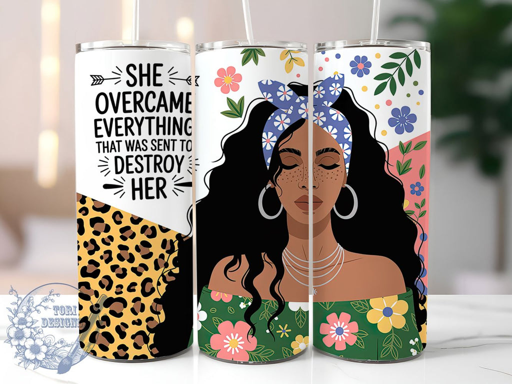 She Overcame Empowerment Quote Tumbler, Mindful Affirmations Cup, Black ...