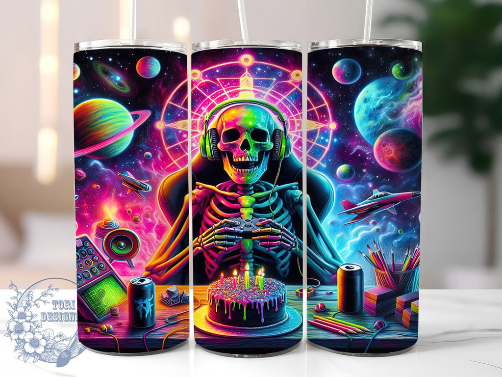 Skeleton Skull Gamer Life Tumbler, Gaming Skull Wrap, 20Oz Skinny ...