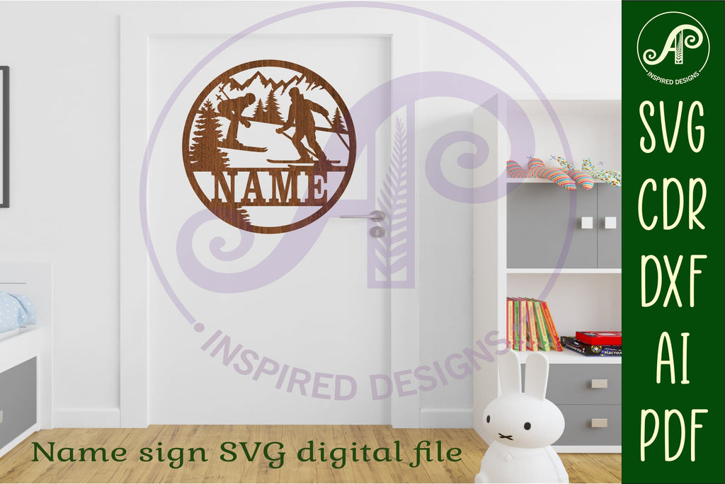 Skiing name sign svg laser cut template - So Fontsy