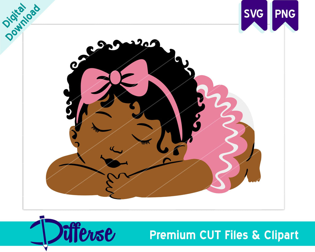 Sleeping African-American Baby Girl SVG | Black Newborn SVG - So Fontsy