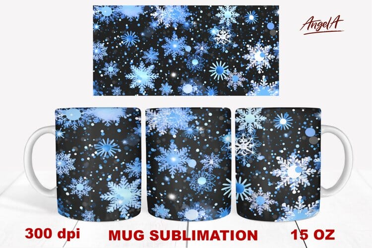 Snowflake christmas mug wrap sublimation / winter mug png - So Fontsy