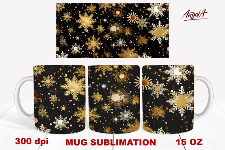 Snowflake shiny christmas mug wrap, sparkle gold snowflake - So Fontsy