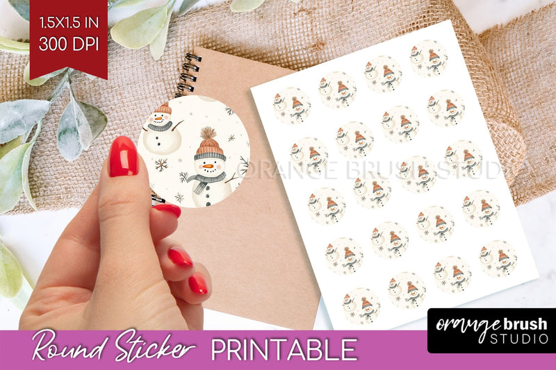 Snowman Round Sticker - Cute Christmas Printable Sticker - So Fontsy