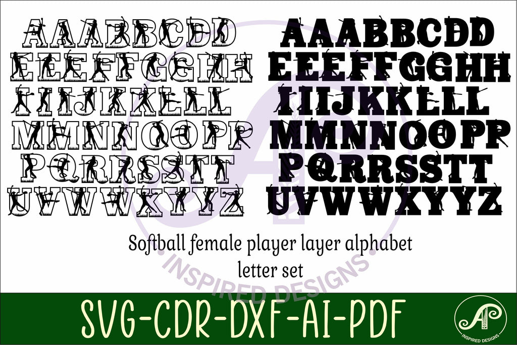 Softball female player silhouette letters alphabet set x 50 - So Fontsy