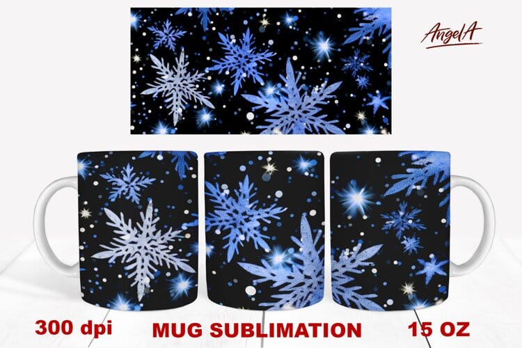 Sparkle Snowflake christmas mug wrap, blue white snowflake - So Fontsy