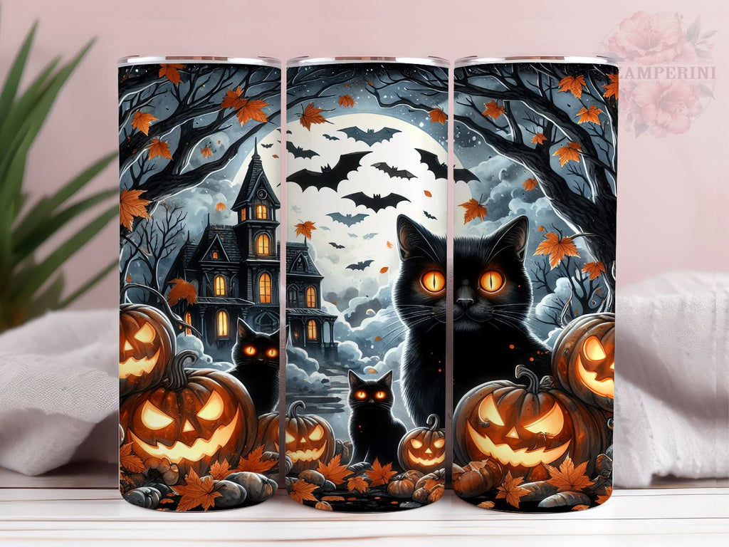 Spooky Black Creepy Cats 20oz Tumbler Wrap PNG, Halloween Cat Tumbler ...