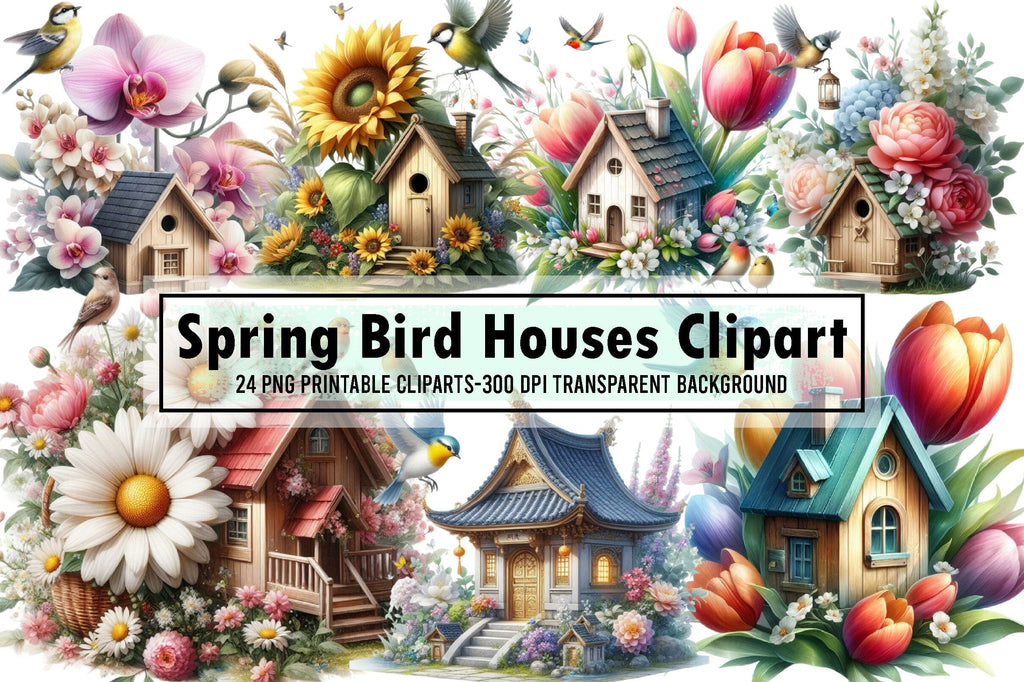 Spring Bird Houses Sublimation Clipart - So Fontsy