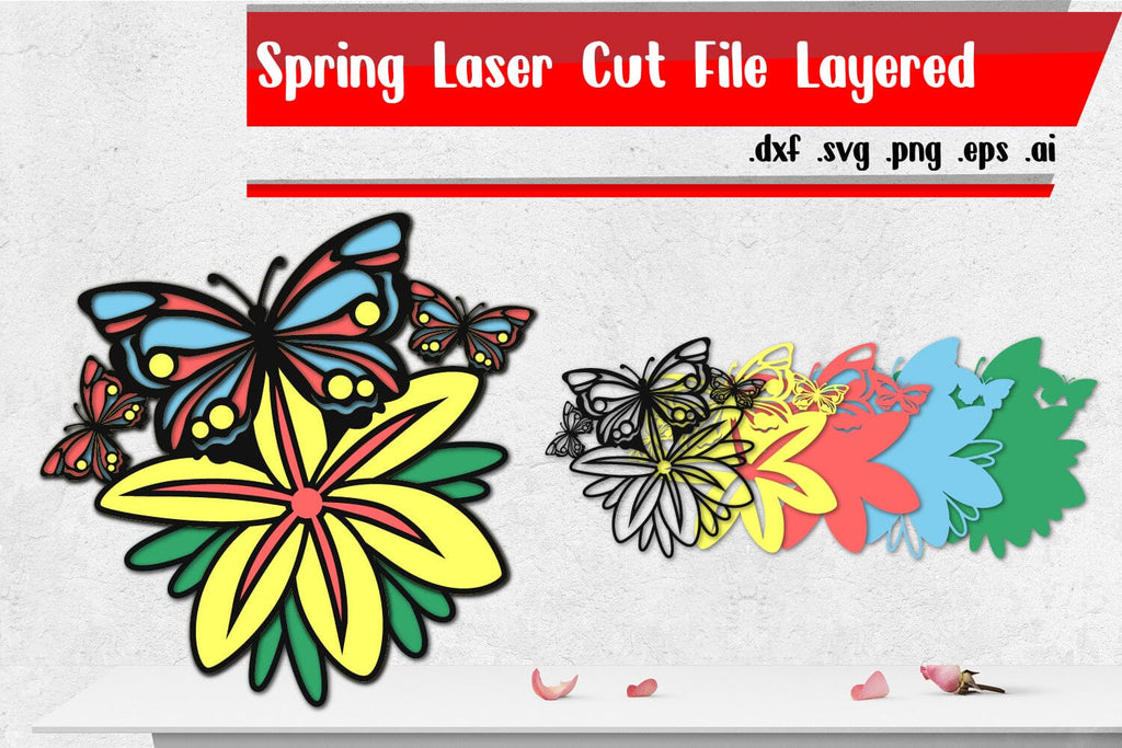 Spring Layered Laser cut File - Flower and Butterfly - So Fontsy