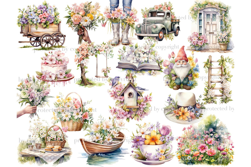 Spring Watercolor Clipart Bundle | Farm PNG Set - So Fontsy
