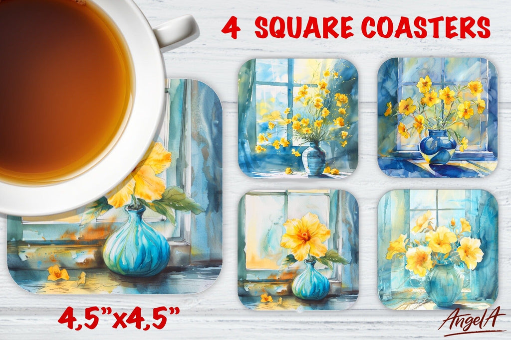 Square coaster sublimation / Floral coaster / yellow flowers - So Fontsy