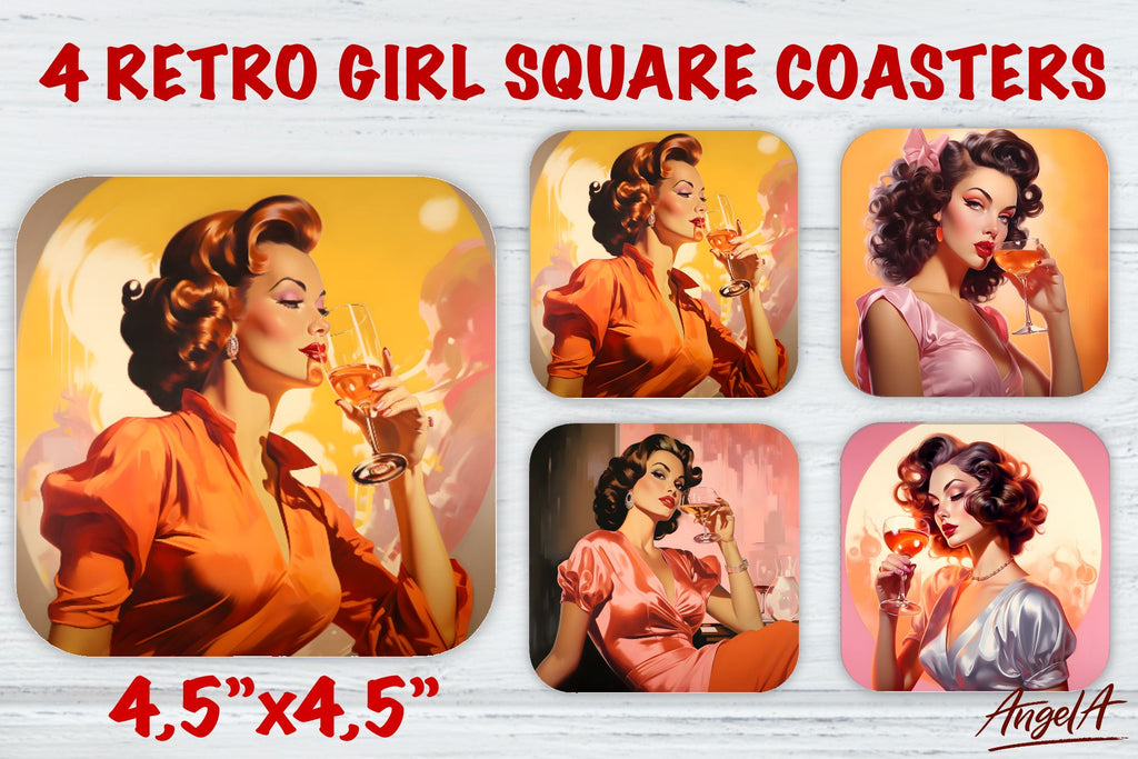 square coaster sublimation / retro pin up girl, wine glass - So Fontsy