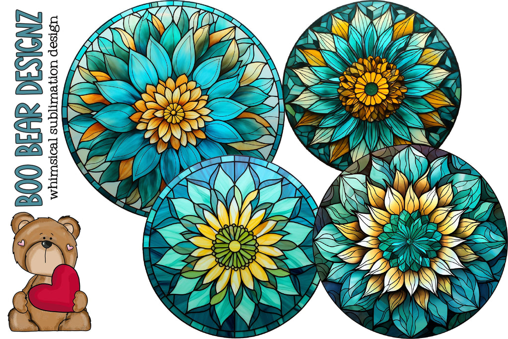 Stain Glass Teal Sunflower Sublimation rounds - So Fontsy