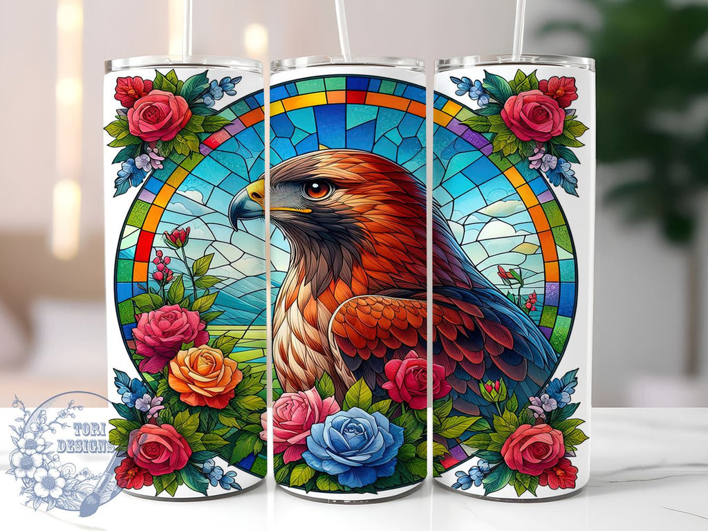 Stained Glass Hawk Colorful 20oz Skinny Tumbler, Hawk Tumbler Png ...