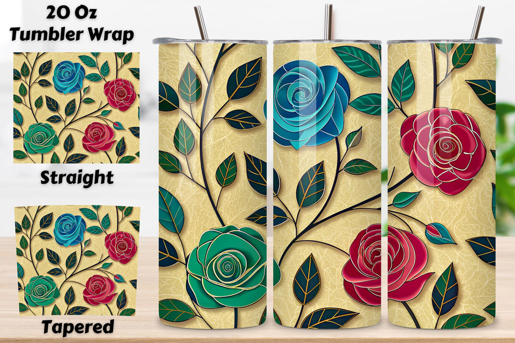 Stained Glass Rose Seamless Tumbler Wrap, Jewel-Toned Roses with Lead ...