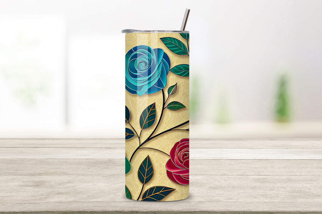 Stained Glass Rose Seamless Tumbler Wrap, Jewel-Toned Roses with Lead ...