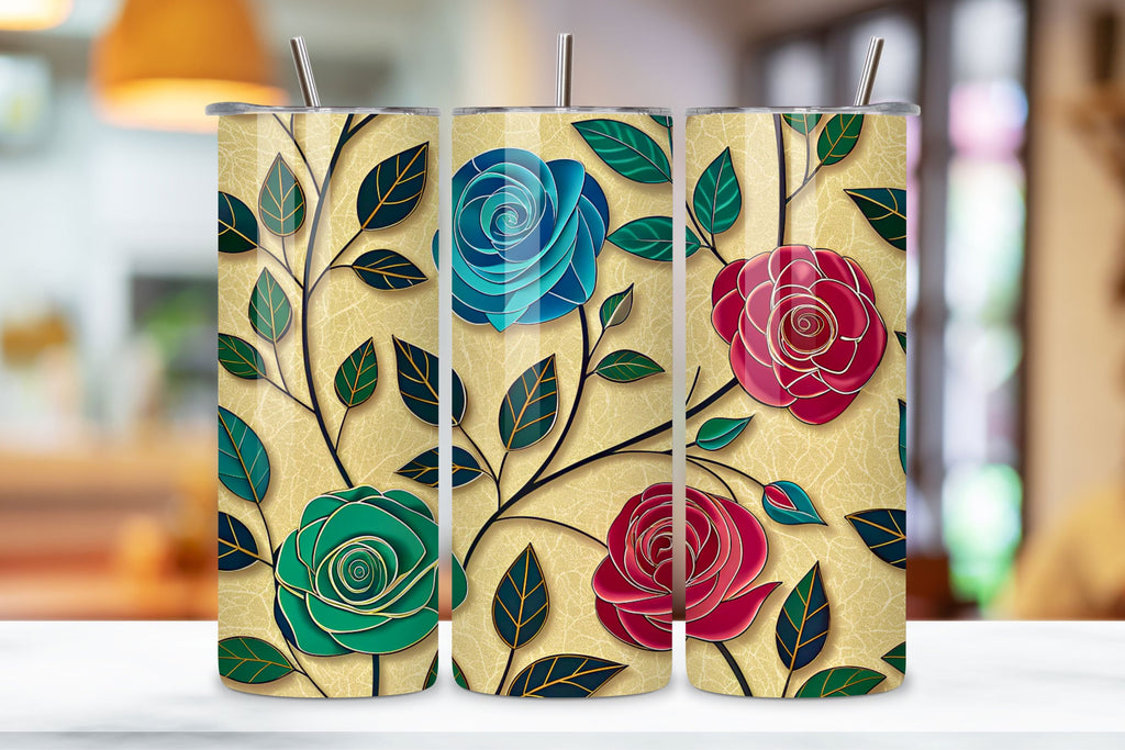 Stained Glass Rose Seamless Tumbler Wrap, Jewel-Toned Roses with Lead ...