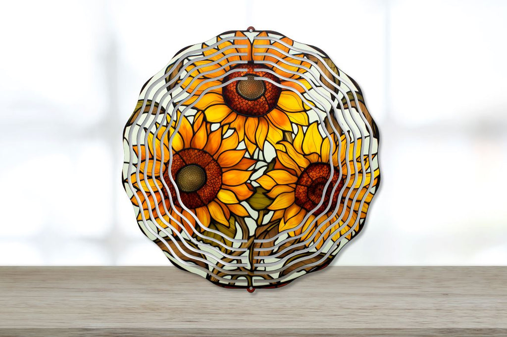 Stained Glass Rust Sunflower Flowers Wind Spinner Bundle - So Fontsy
