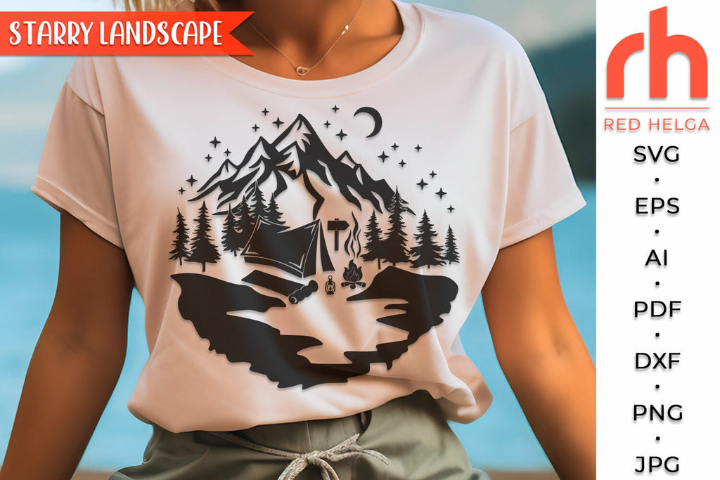 Starry Landscape SVG, Lake and Mountains DXF, Camper Shirt - So Fontsy