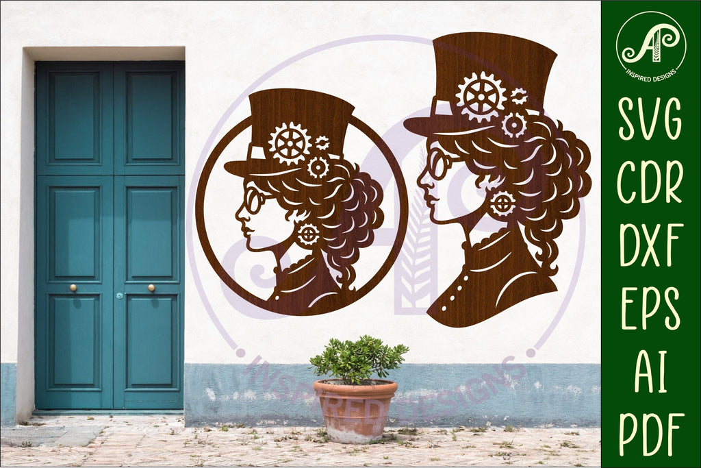 Steampunk Lady profile laser cut wall sign - So Fontsy