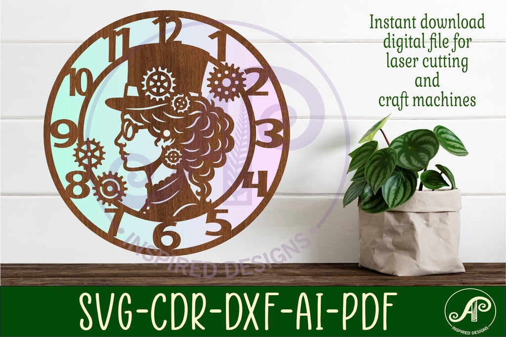 Steampunk lady wall clock laser cut SVG files - digital download steam ...
