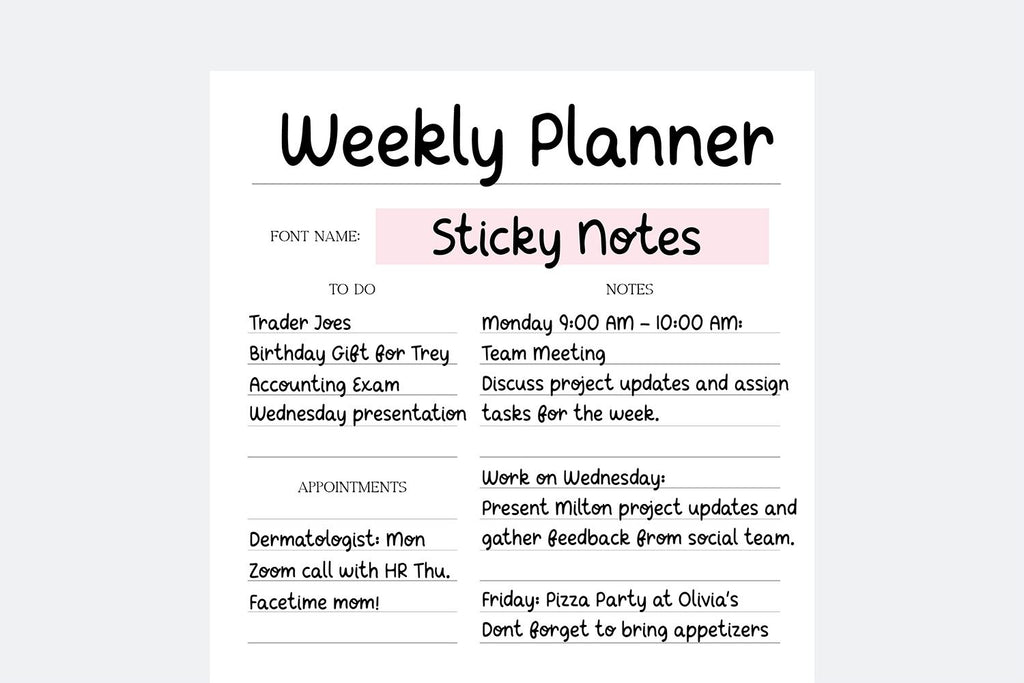 Sticky Notes Handwriting Planner Font - So Fontsy