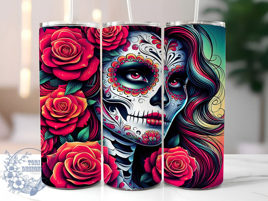 Sugar Skull Floral Tumbler, Floral Motif, Day Of The Dead, Artistic ...