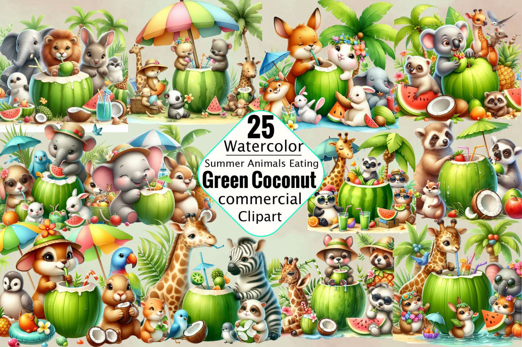 Summer Animals Eating Green Coconut Clipart Bundle - So Fontsy