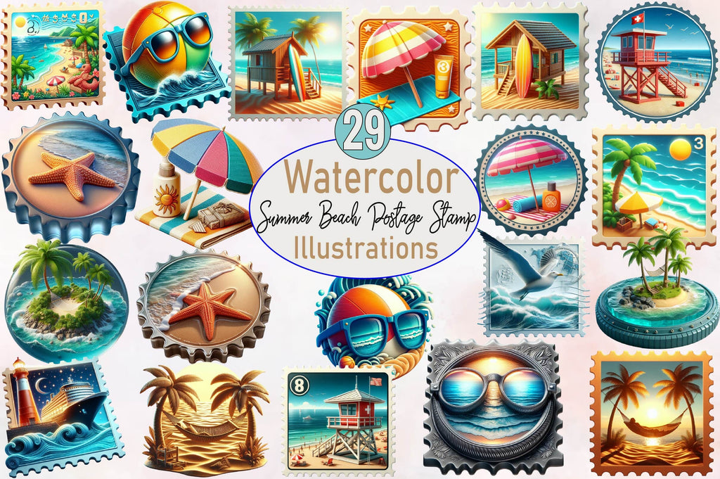 Summer Beach Postage Stamp Bundle - So Fontsy