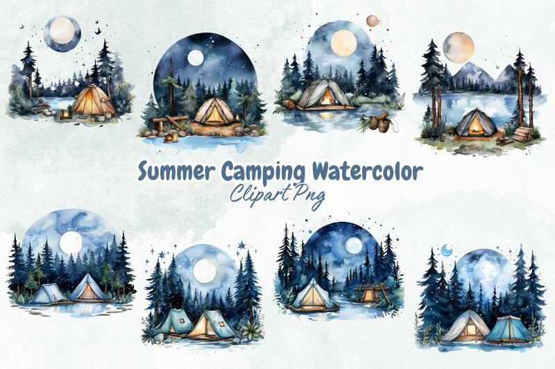 Summer Camping Watercolor Clipart Bundle - So Fontsy